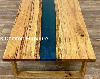 Blue Round Epoxy Table , Live Edge Wooden Table, Epoxy Ocean River ...