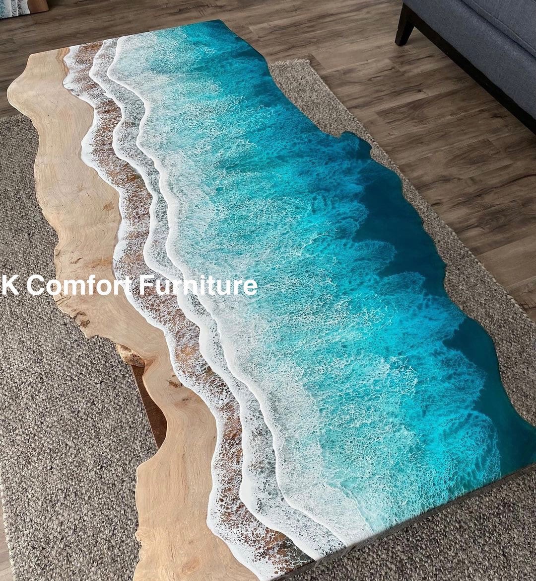 Sea Waves Epoxy Table, Live Edge Table, Epoxy Ocean Table, Natural Wood ...