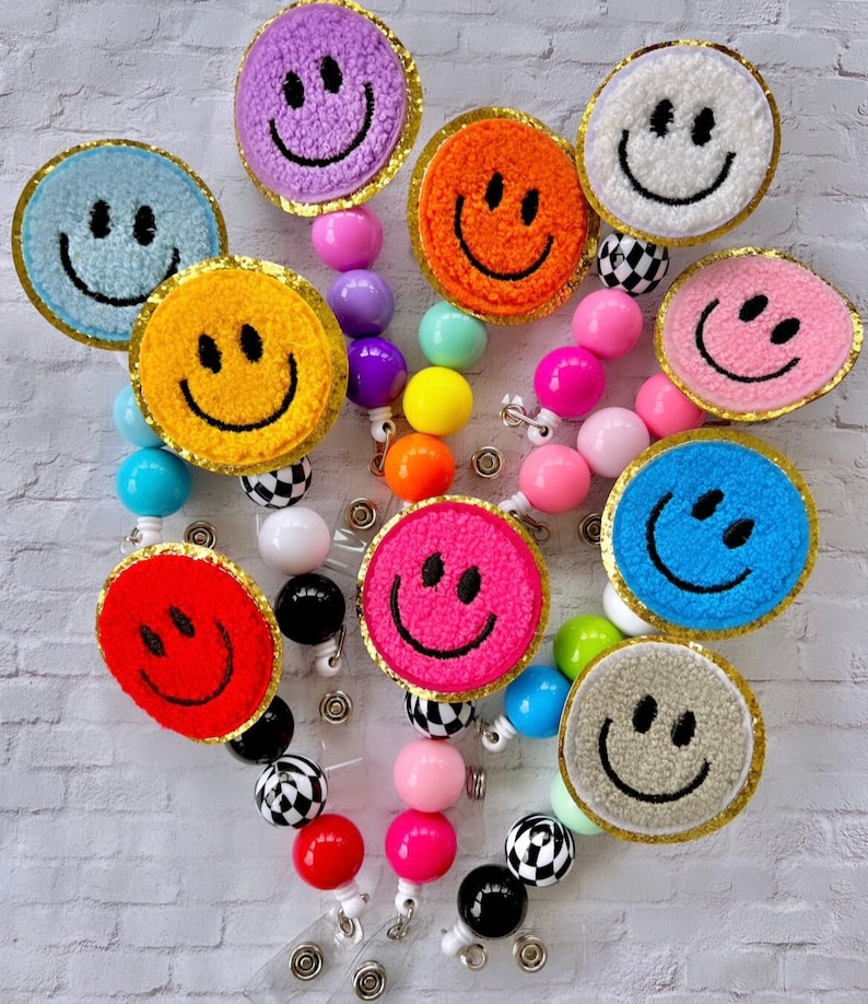 Retro Stoney Clover Inspired Beaded Smiley Face Badge Reels - Etsy