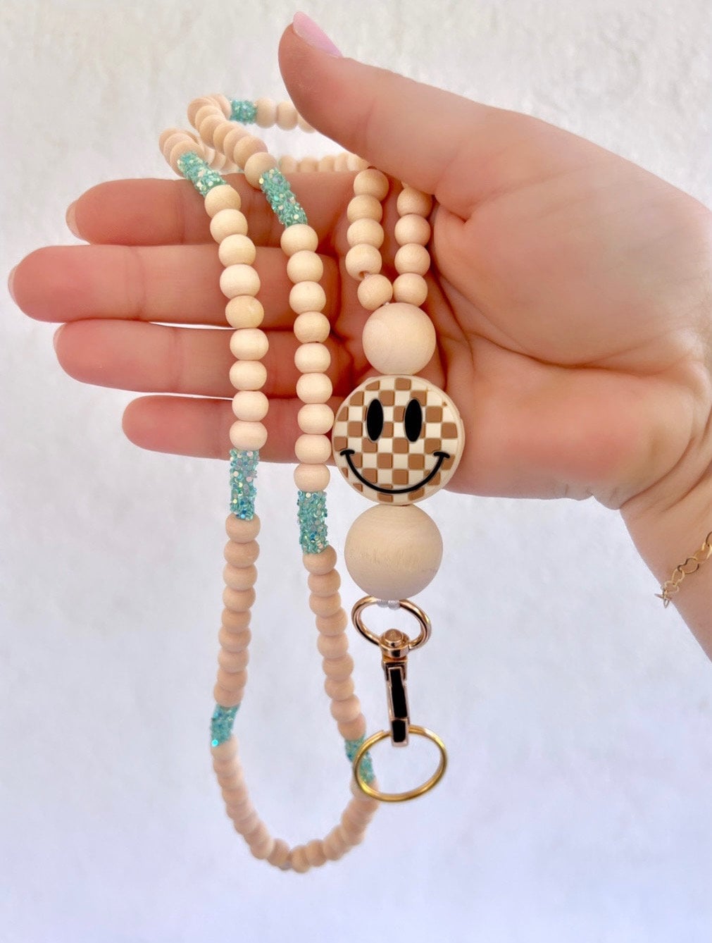 Neutral Checkered Smiley Teacher Lanyard - Etsy