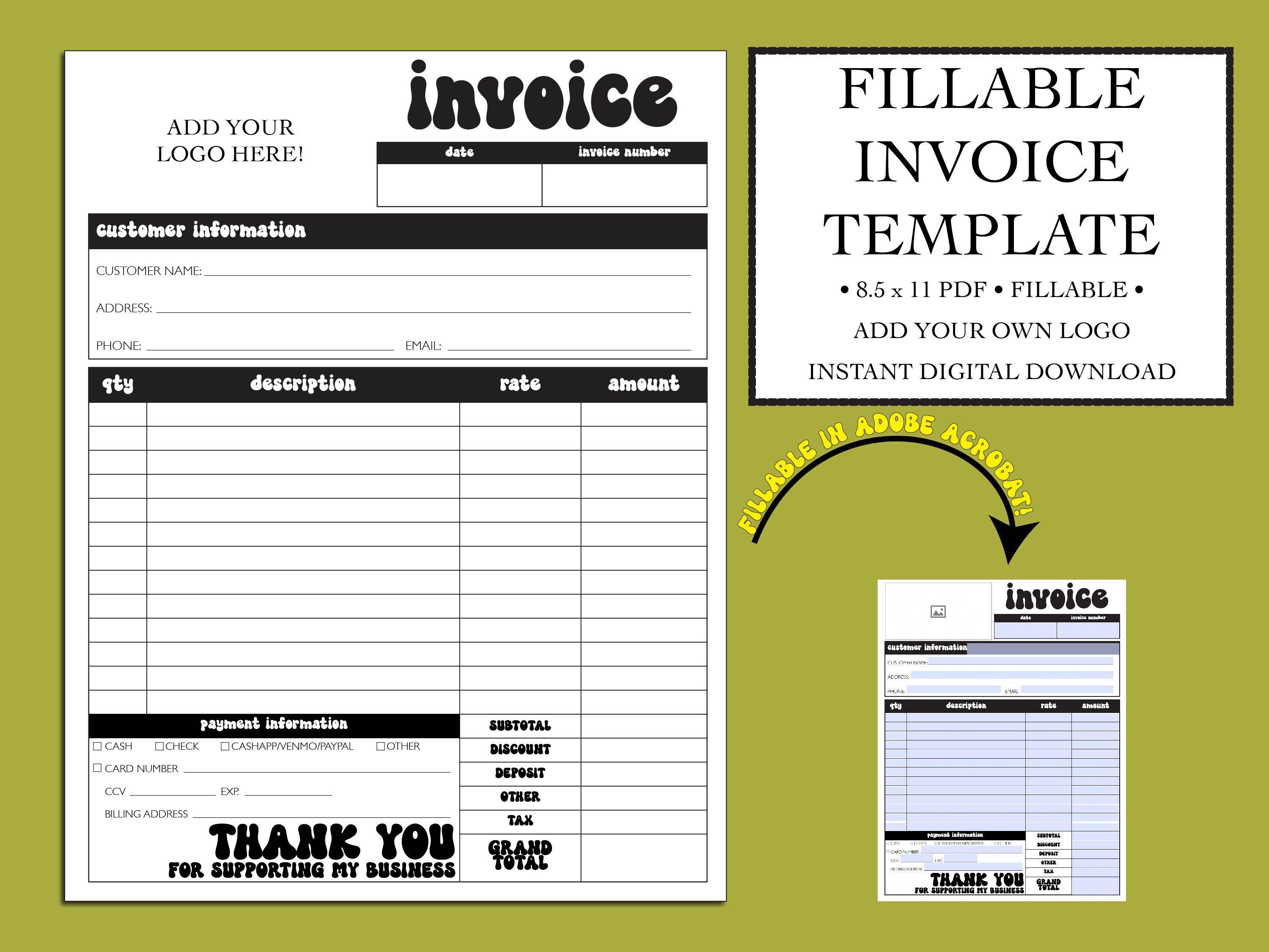 Fillable Invoice Template PDF, Invoice PDF for Small Business, Business ...