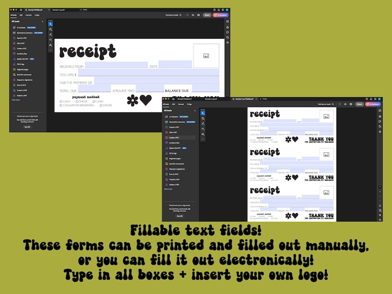 Fillable Receipt Template PDF, Receipt PDF for Small Business, Business ...