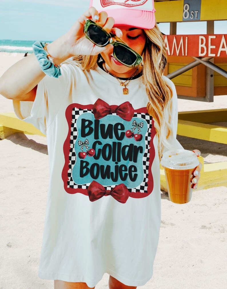 Blue Collar Boujee PNG, Retro Cherry Bow Design, Checkered Preppy ...