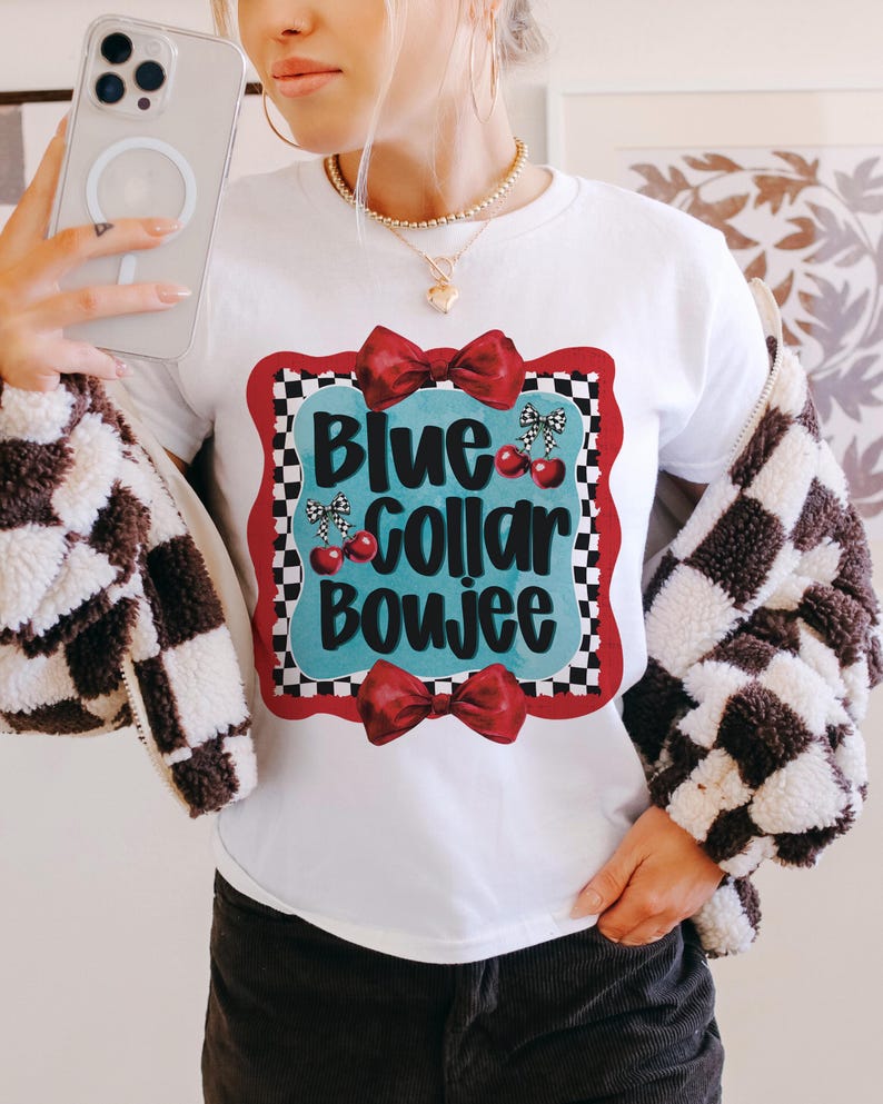 Blue Collar Boujee PNG, Retro Cherry Bow Design, Checkered Preppy ...