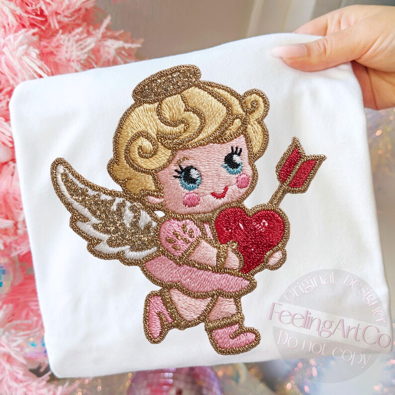 Valentine Cupid PNG, Cute Retro Angel Embroidery Patch Design, Gold ...