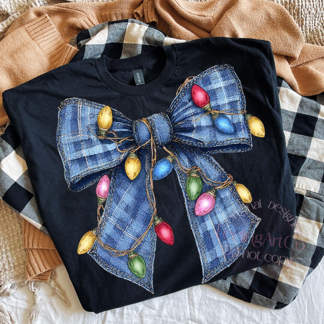 Coquette Christmas Lights Bow PNG, Blue Denim Bow, Chrstmas Lights ...
