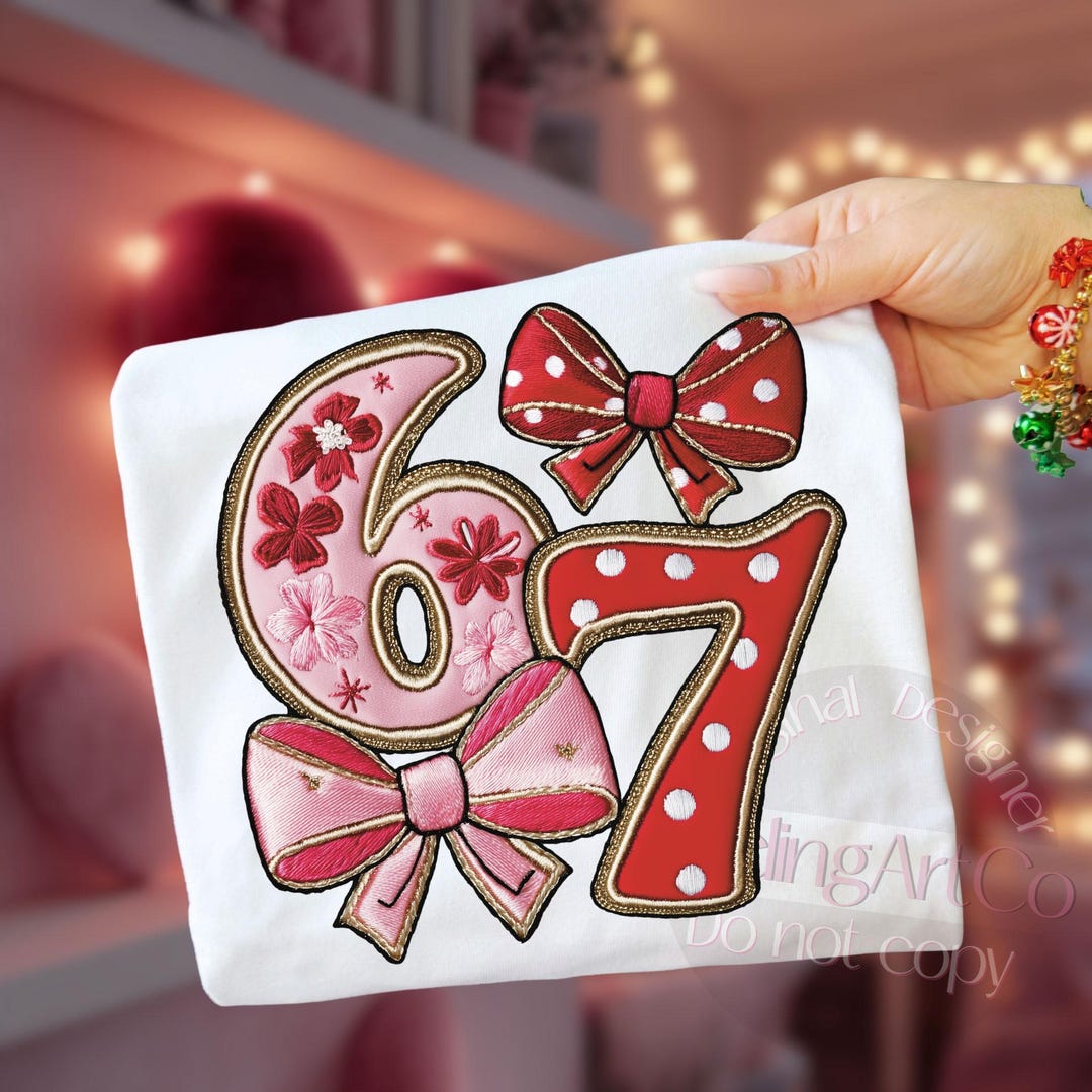 6 7 Valentine PNG, Funny Meme Embroidery Patch Design, Coquette Bows ...
