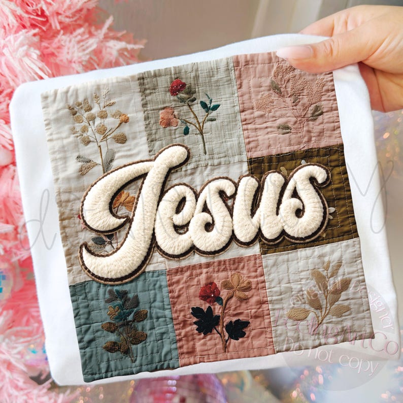 Jesus Patchwork Quilt Style PNG, Floral Christian Faith Design, Jesus ...