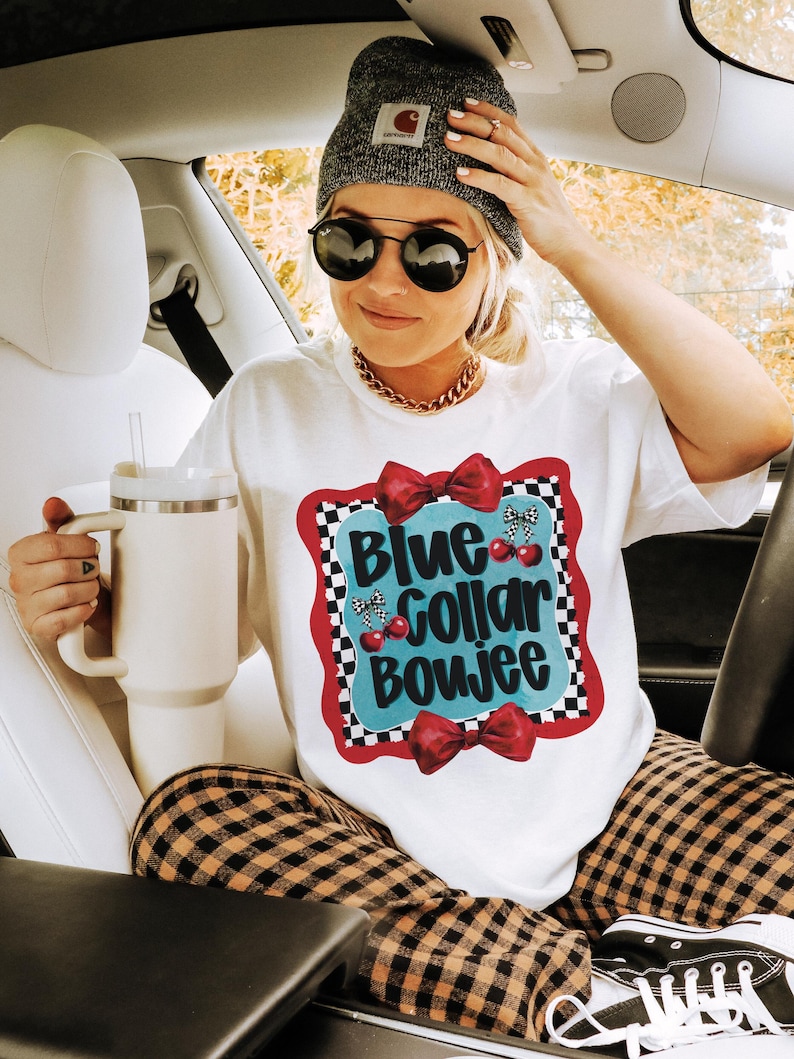 Blue Collar Boujee PNG, Retro Cherry Bow Design, Checkered Preppy ...