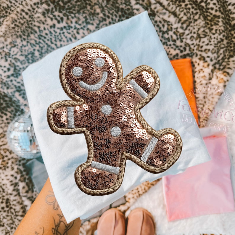 Gingerbread Man Embroidery PNG, Christmas Png, Realistic Sequin Patch ...