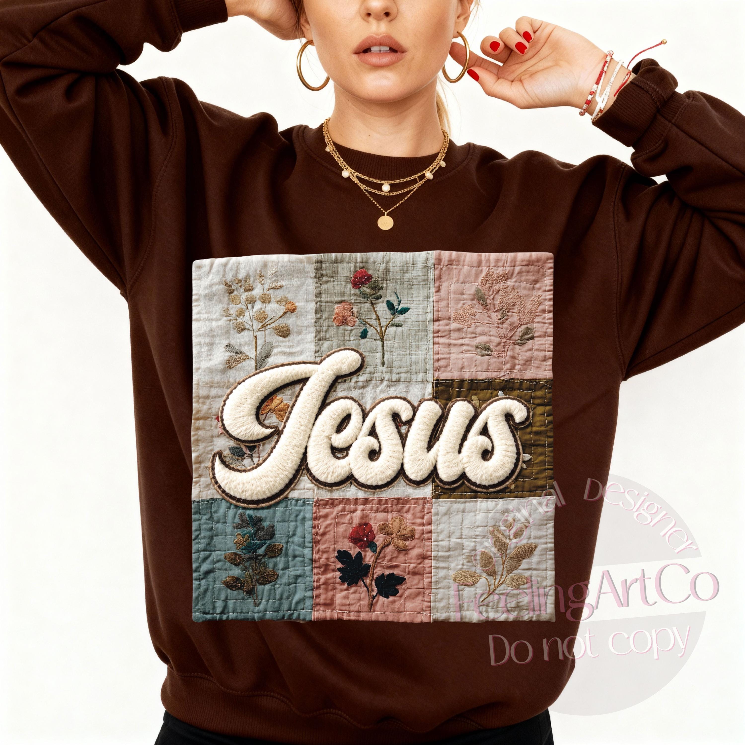 Jesus Patchwork Quilt Style PNG, Floral Christian Faith Design, Jesus ...