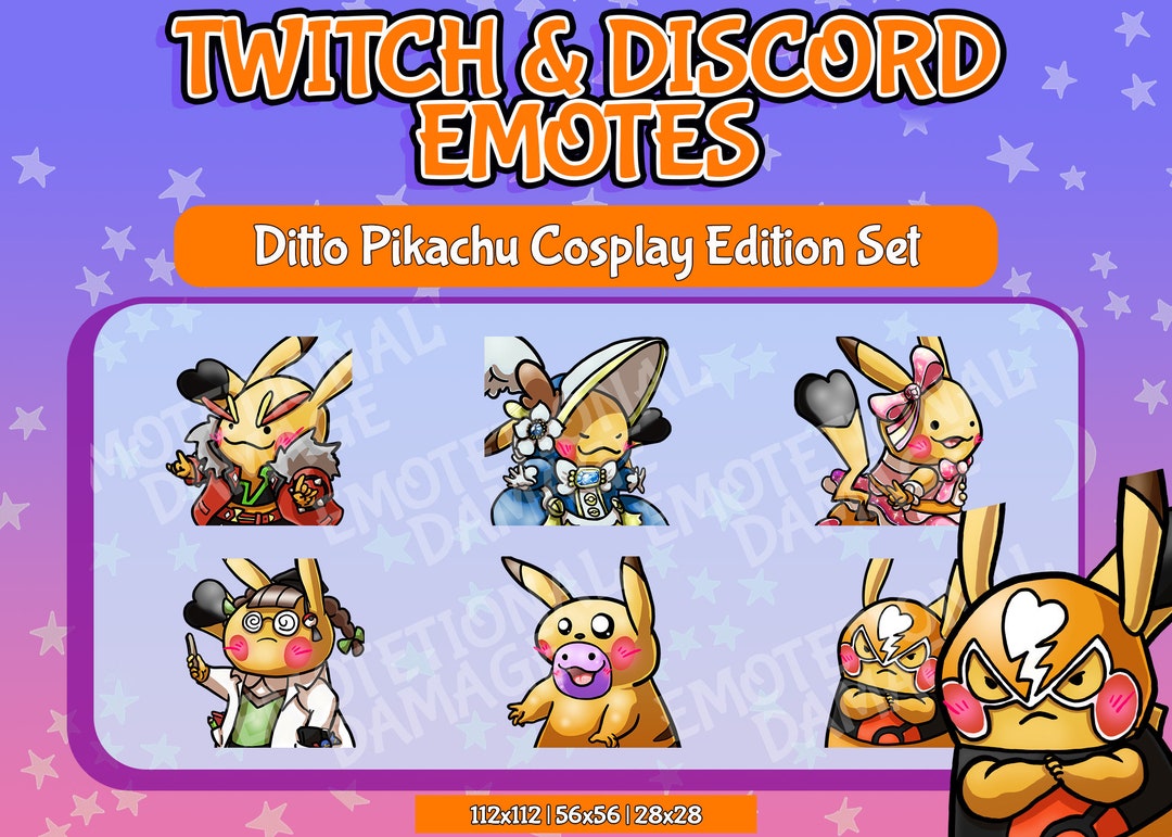 6 Cute Chibi Pokemon Ditto Pikachu Cosplay Edition Emotes for Twitch ...