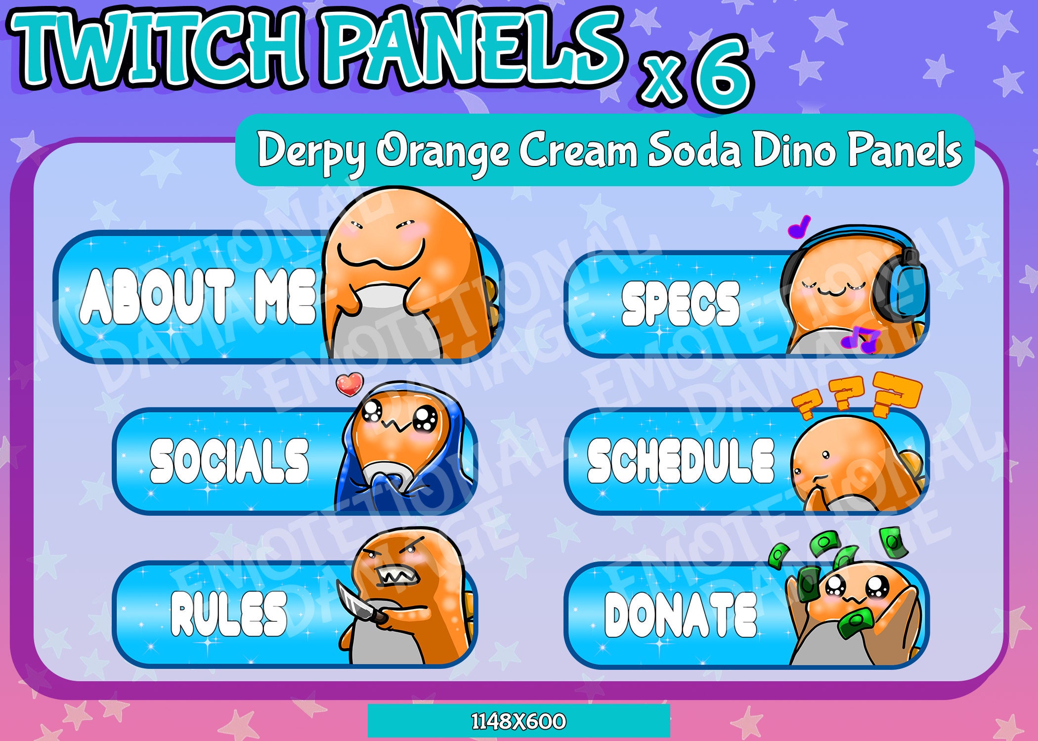 6 Twitch Panels Pack Cute Chibi Derpy Orange Dinosaur Stream - Etsy