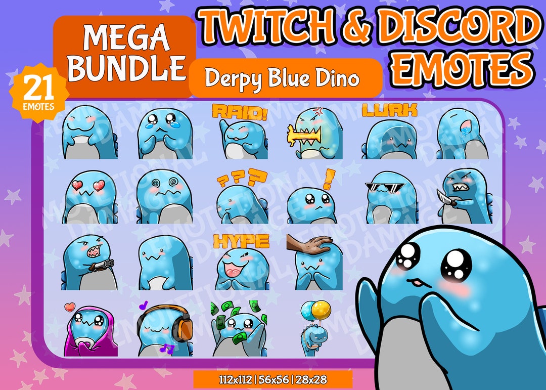 21 Mega Pack Cute Chibi Derpy Blue Dinosaur Emotes for Twitch, Discord ...