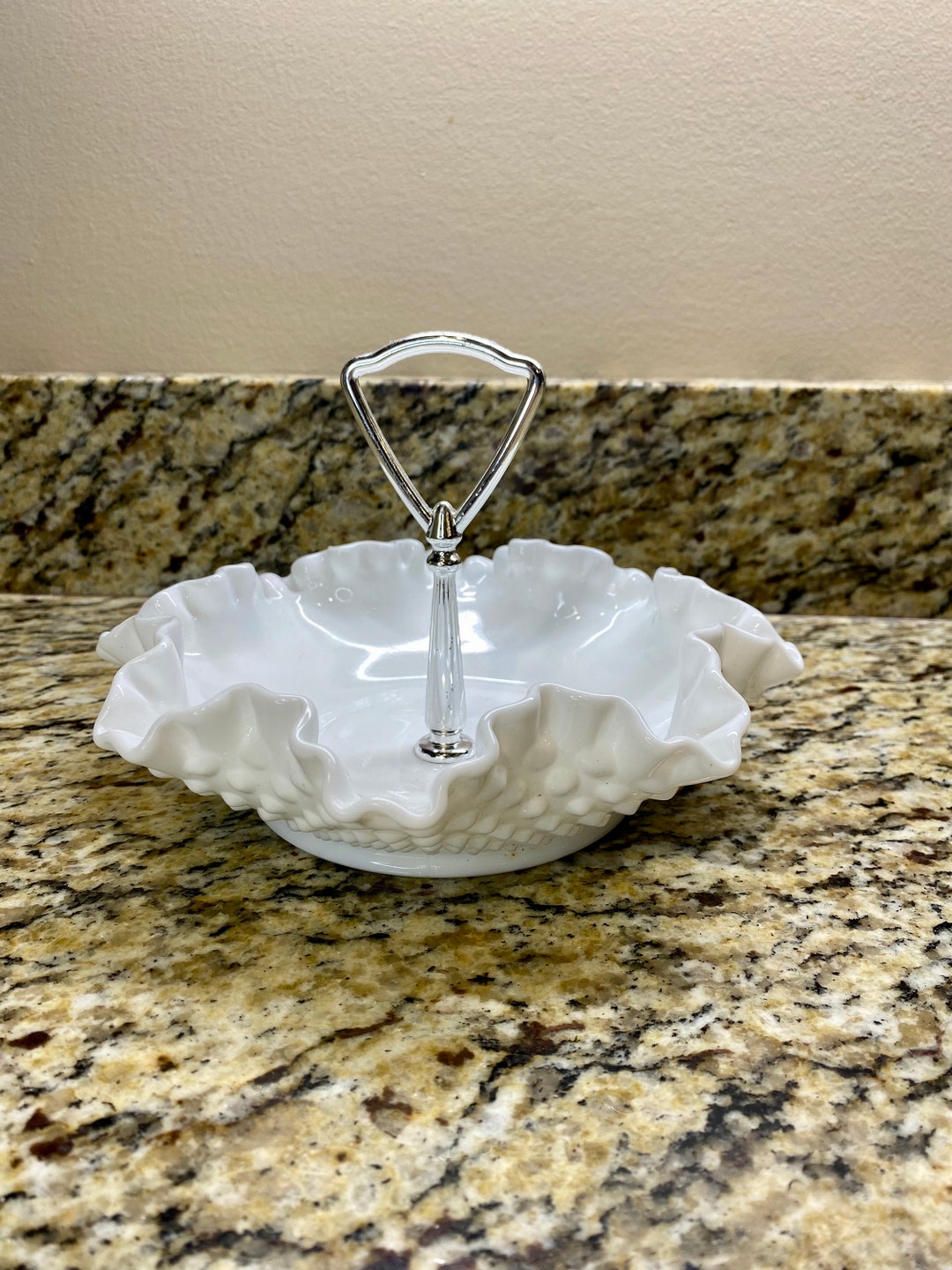 FENTON Dish Milk Glass Hobnail Pattern Chrome Handled Candy Dish With ...