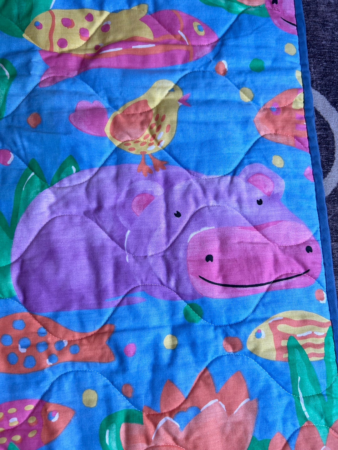 Quilt Amish Made Quilt Baby Quilt Hippos Birds Fish Flowers Blue Hand ...