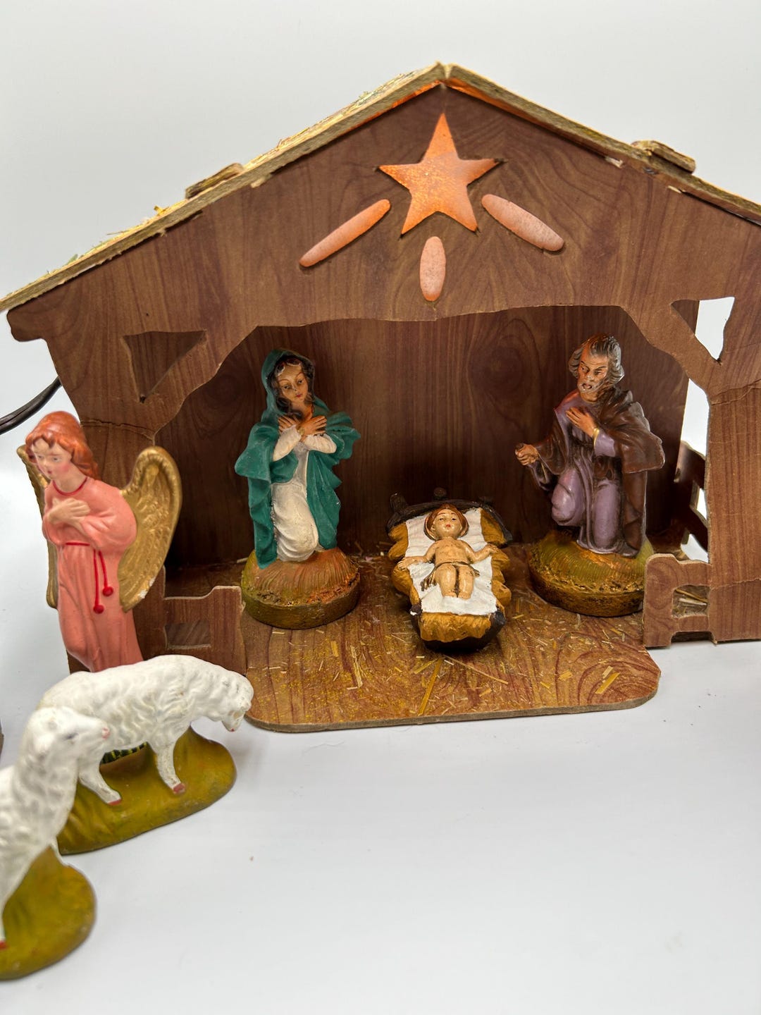 Nativity Manger Set 17 Piece Vintage Cardboard Manger Ceramic Chalk ...