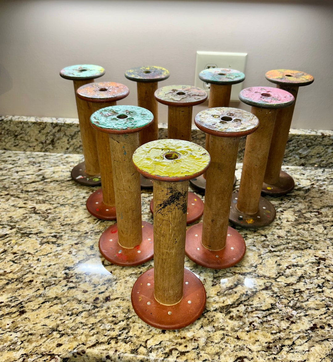 Wood Spool Industrial Textile Wood Painted 11” Large Primitive Rustic ...