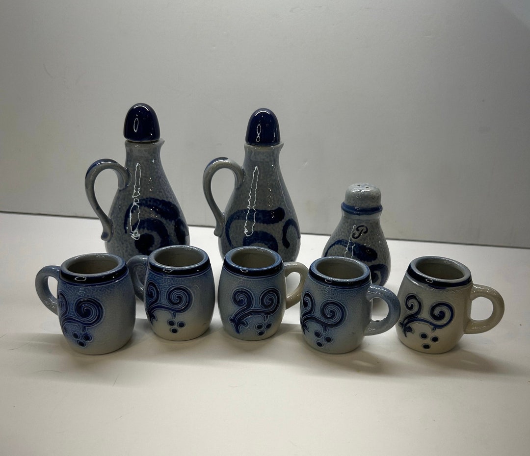 Marzi and Remy Blue and Gray Oil Pepper and Cups RARE Vintage Stoneware ...