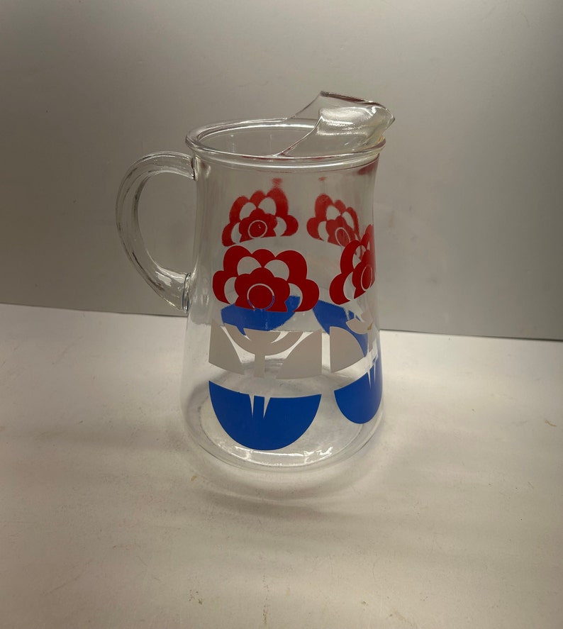 Glass Pitcher Red White Blue Americana Flowers Swanky Swig Vintage MCM ...