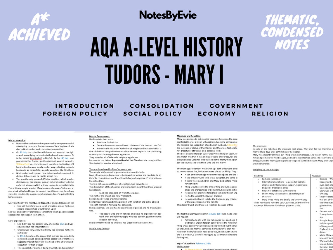 AQA A Level History Notes, Tudors - Mary I | Summarised, Colour-coded ...