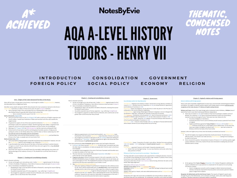 AQA A Level History Notes, Tudors - Henry VII | Summarised, Colour ...