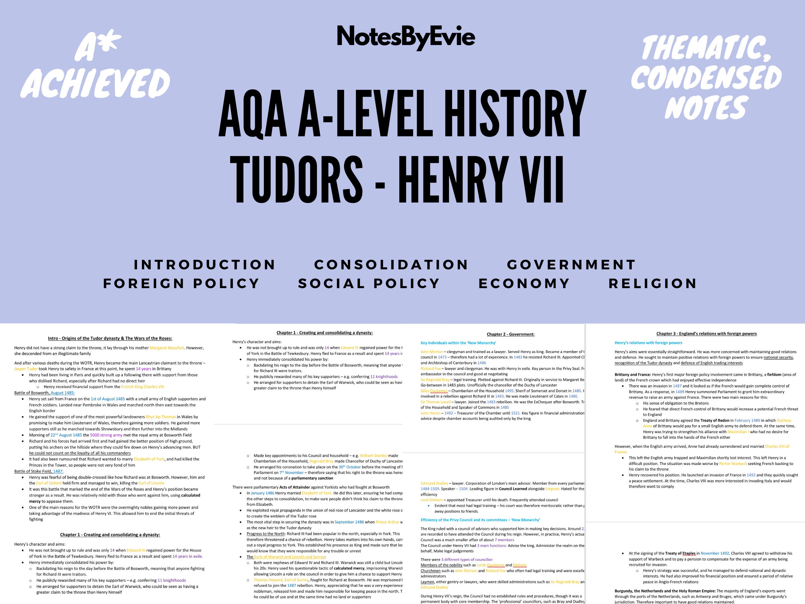 AQA A Level History Notes, Tudors - Henry VII | Summarised, Colour ...
