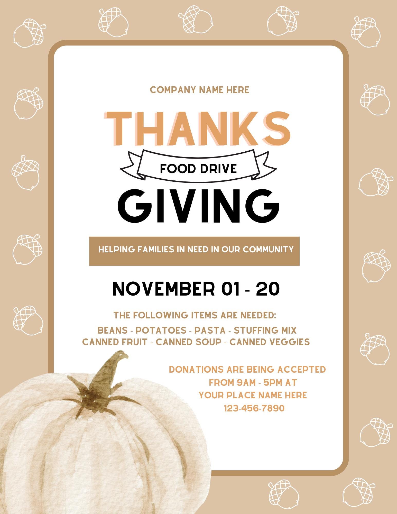 EDITABLE Thanksgiving Food Drive Flyer Template, Invitation, Food Bank ...