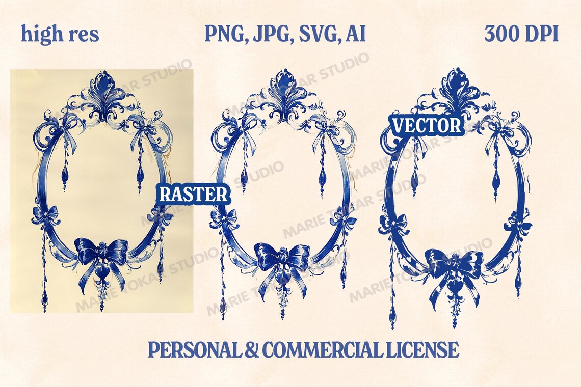 Hand Drawn Baroque Rococo Floral Frame Clipart Set in PNG JPG SVG & Ai ...