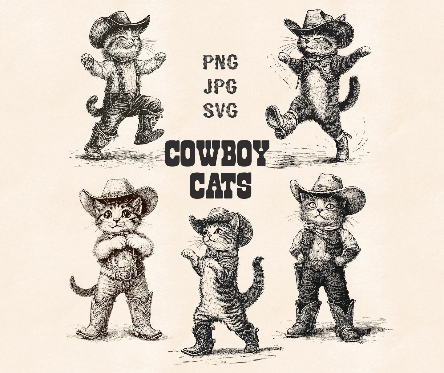 Western Vintage Cowboy Cats Clipart Set – Hand Drawn Cat Illustrations ...