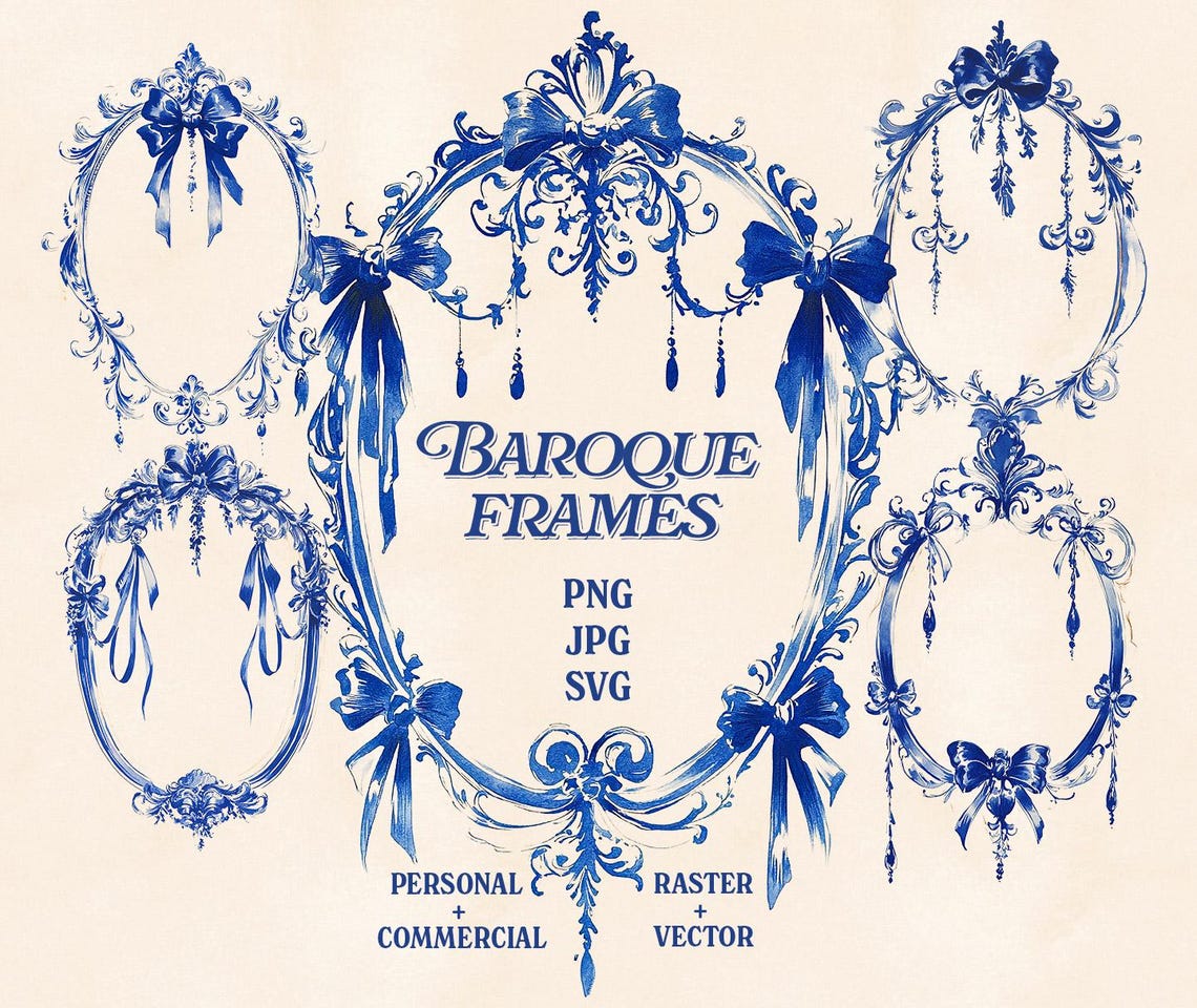 Hand Drawn Baroque Rococo Floral Frame Clipart Set in PNG JPG SVG & Ai ...