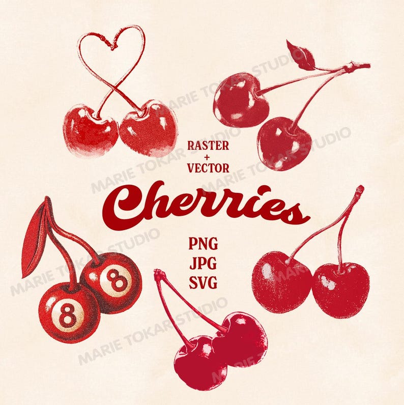 Vintage Cherry Illustration Set – 5 Red Cherries in Vector & Raster ...