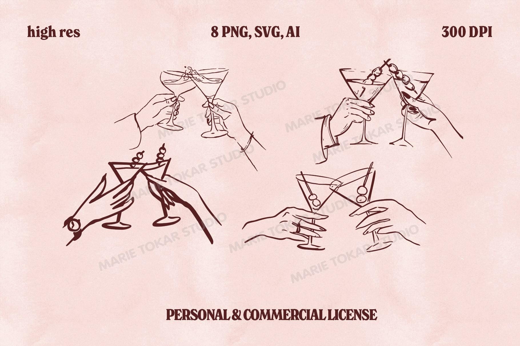 Cheers Cocktail Clipart Hands Toasting Drinks PNG SVG AI Line Art Bar ...