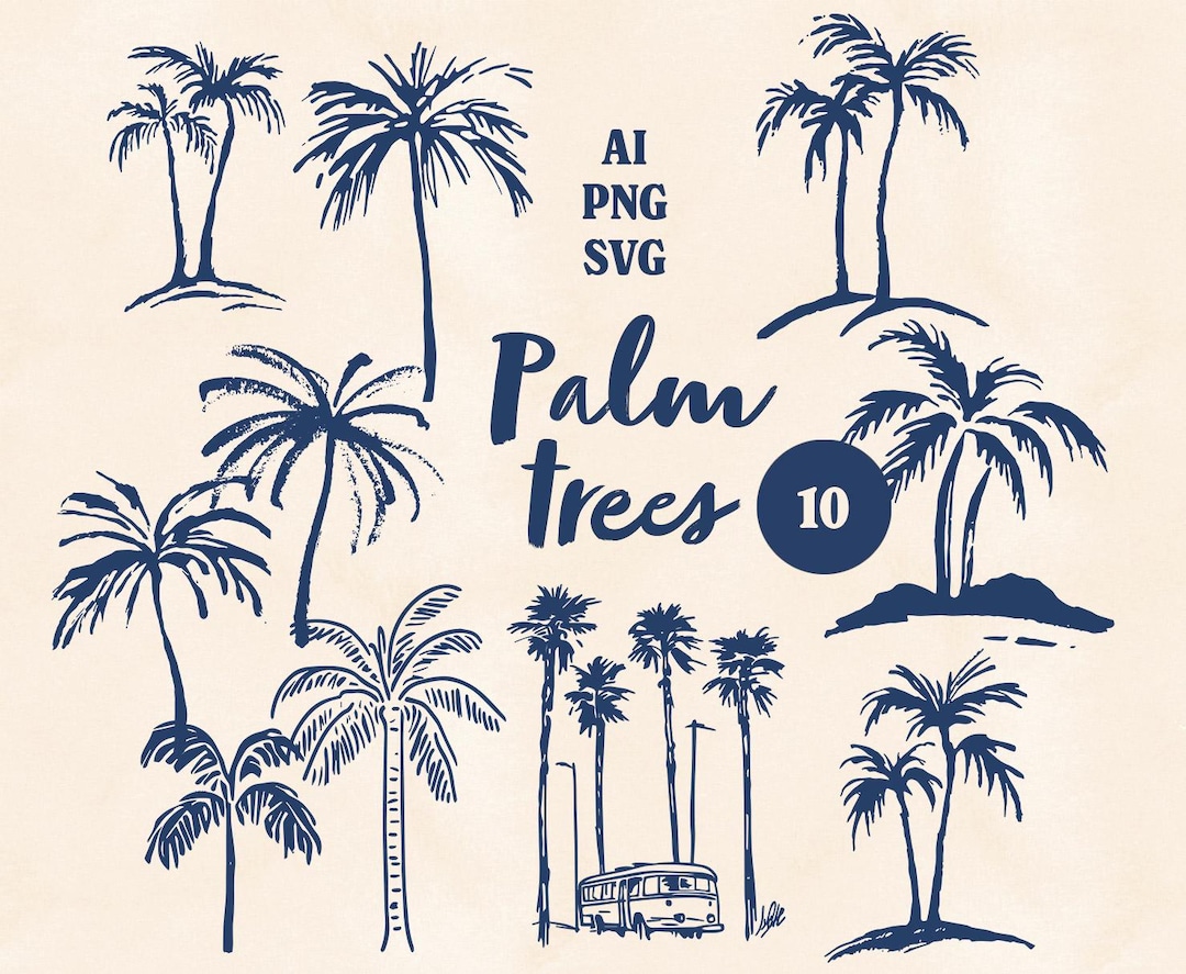 10 Whimsical Palm Tree Clipart Bundle Line Art Tropical Beach Summer ...