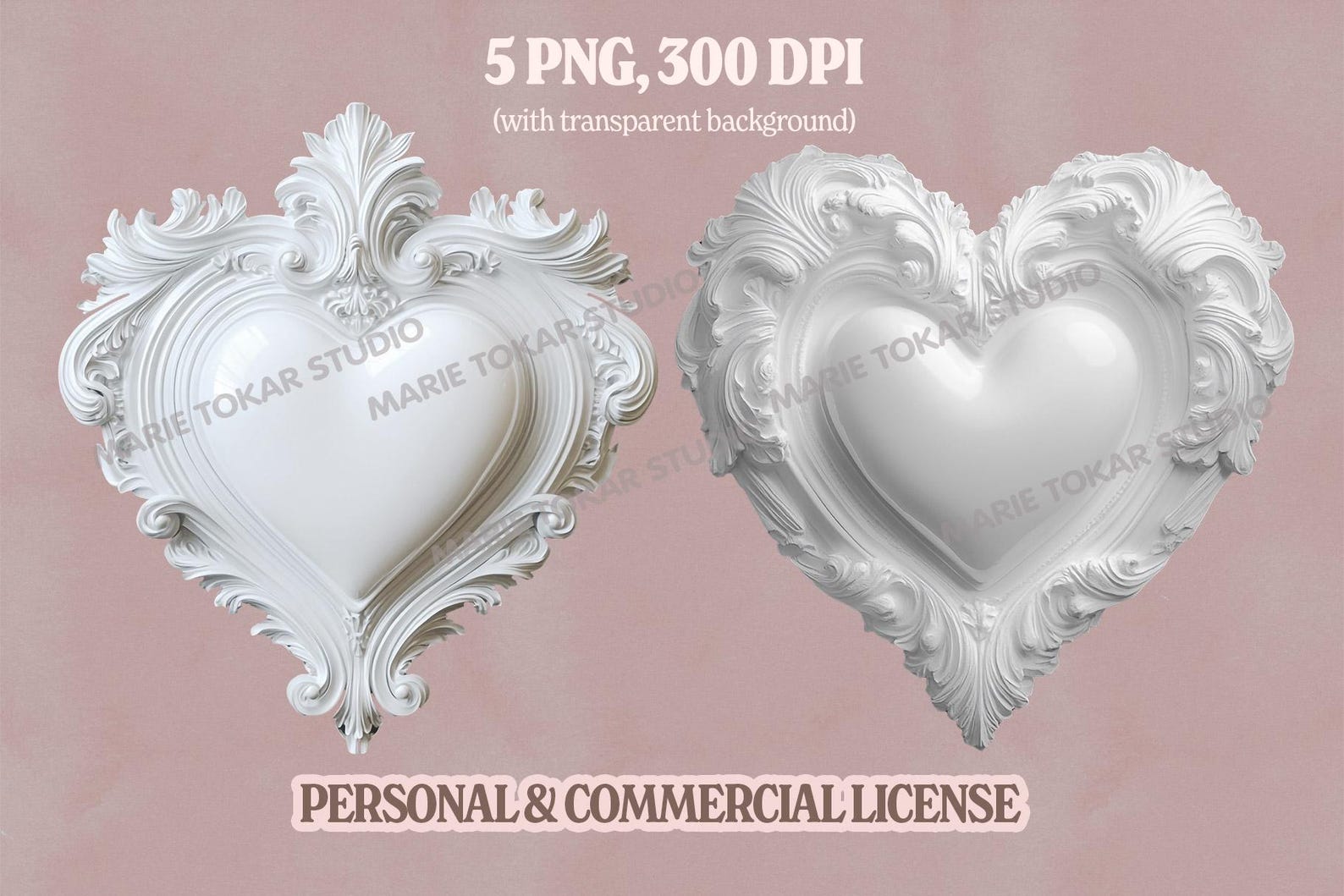 Ornate Baroque Heart Clipart - 5 PNG White Hearts, Transparent ...