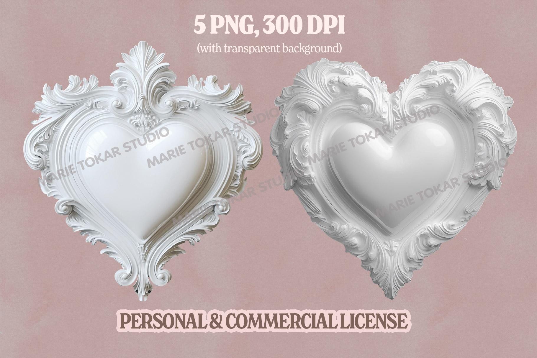 Ornate Baroque Heart Clipart - 5 PNG White Hearts, Transparent ...