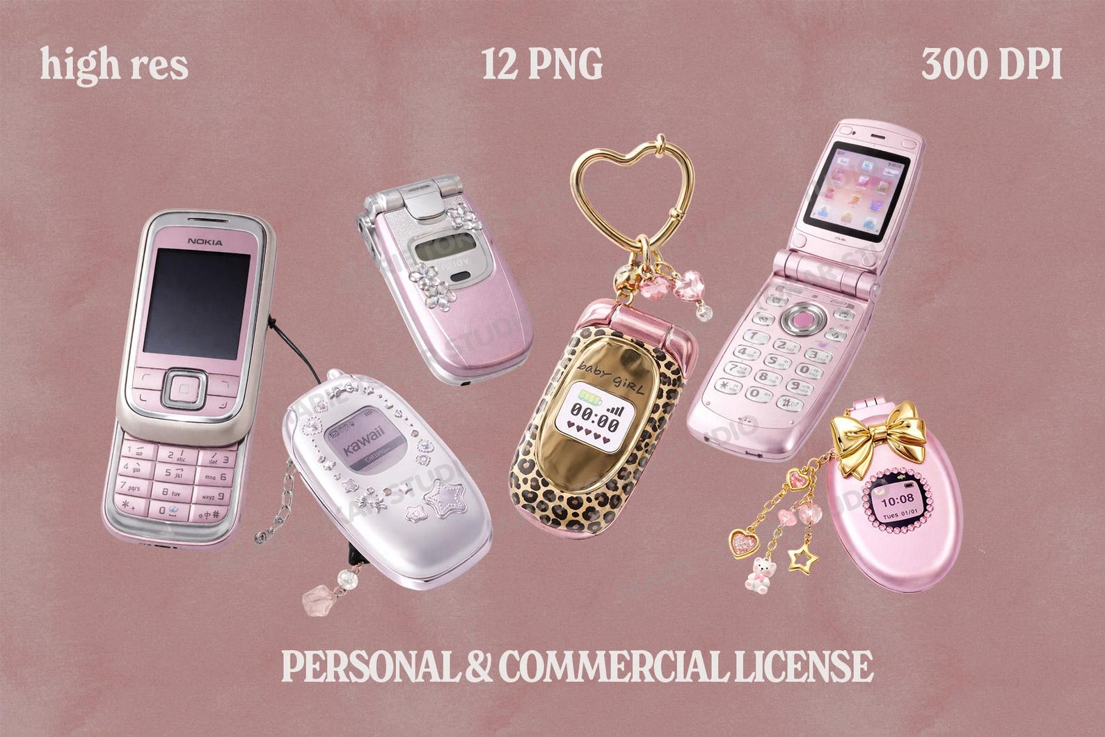 Y2K Phones PNG Clipart Set, Retro Flip Phones, Cute Kawaii Cell Phones ...