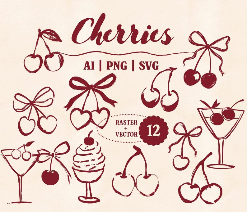 12 Hand Drawn Whimsical Cherry SVG & PNG – Line Art Clipart for ...