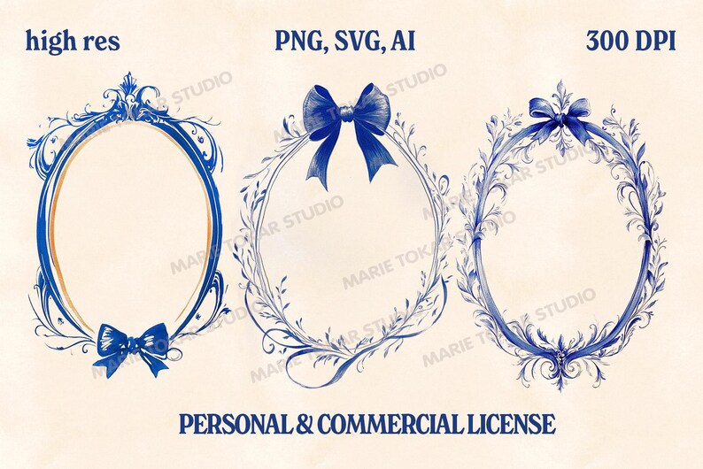 Blue Ink Hand Drawn Whimsical Frame Clipart Set in PNG, JPG, SVG, Ai ...
