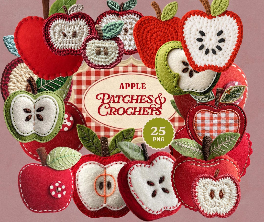 Apple Patches PNG Bundle – 25 Crochet and Felt Apple Clipart Designs ...