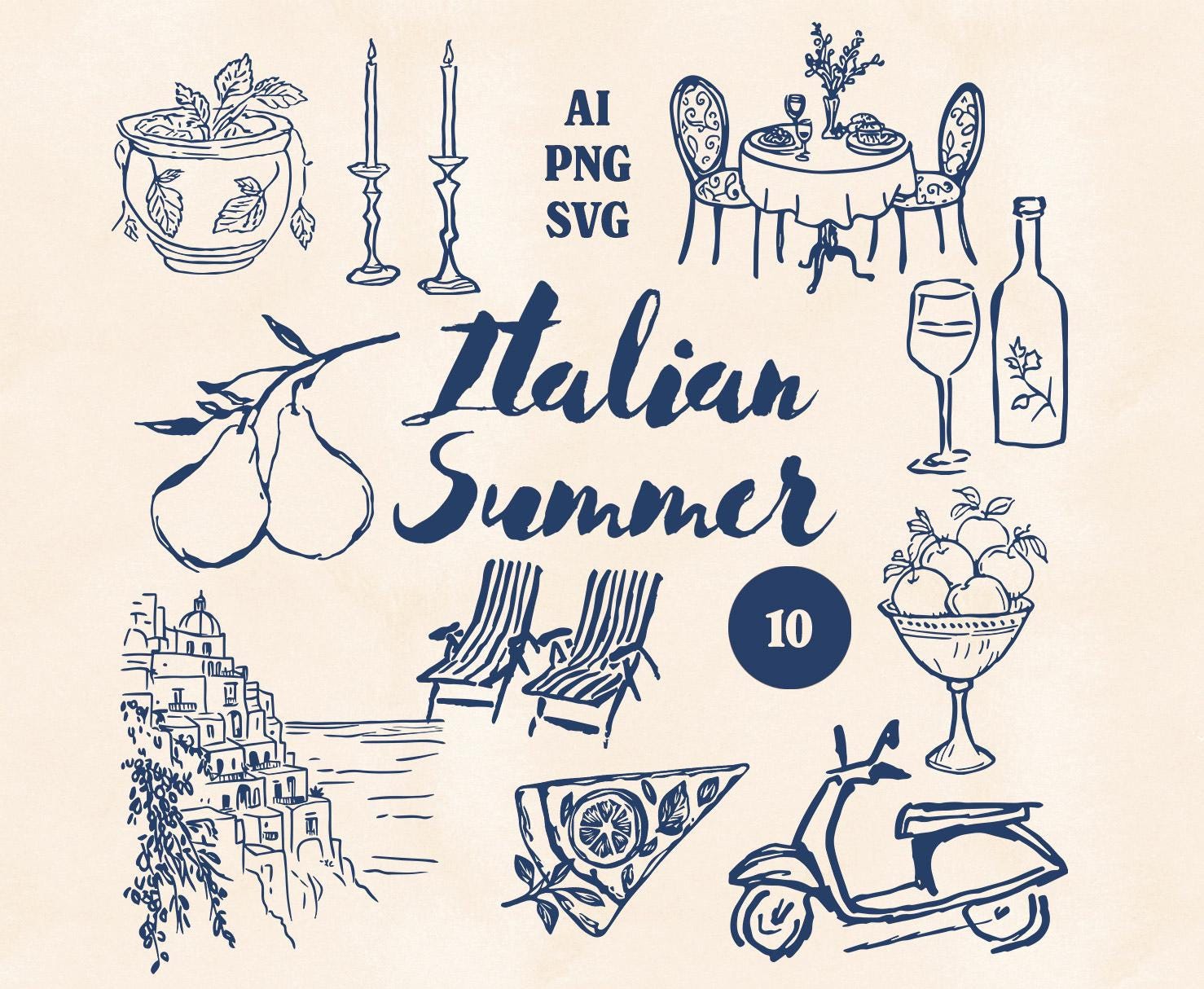 Italian Summer Clipart Set of 10 Line Art Illustrations SVG & PNG ...
