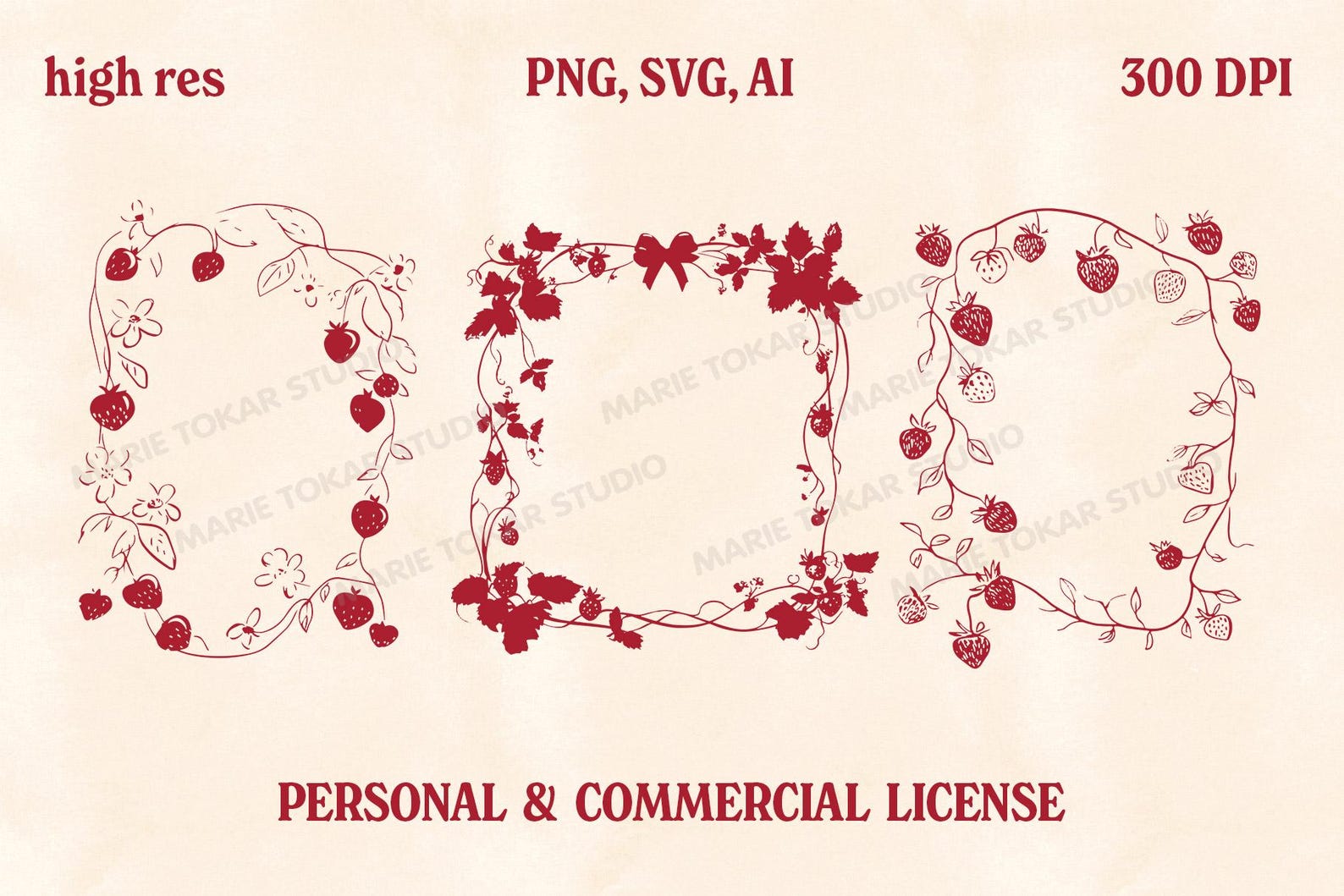 Strawberry Frame Clipart Set of 10 PNG SVG AI Hand Drawn Fruit Borders ...