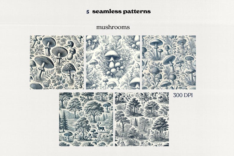 INSTANT DOWNLOAD, 5 French Toile Mushroom Seamless Patterns – Vintage ...