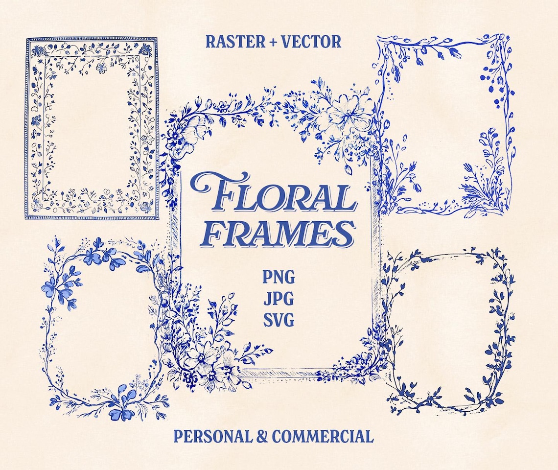 5 Hand Drawn Botanical Frames Clipart Png Svg Ai and Jpg Bundle Vintage ...