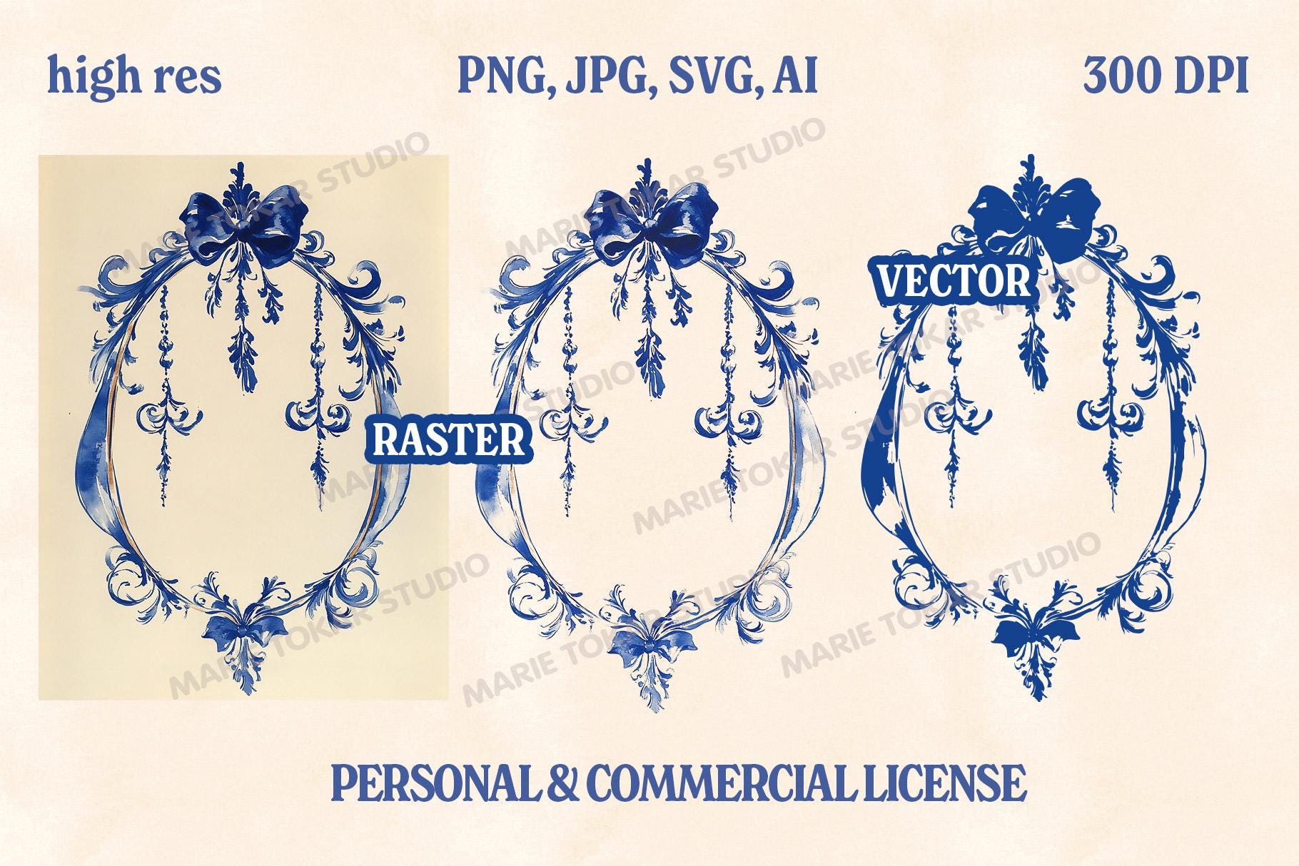 Hand Drawn Baroque Rococo Floral Frame Clipart Set in PNG JPG SVG & Ai ...