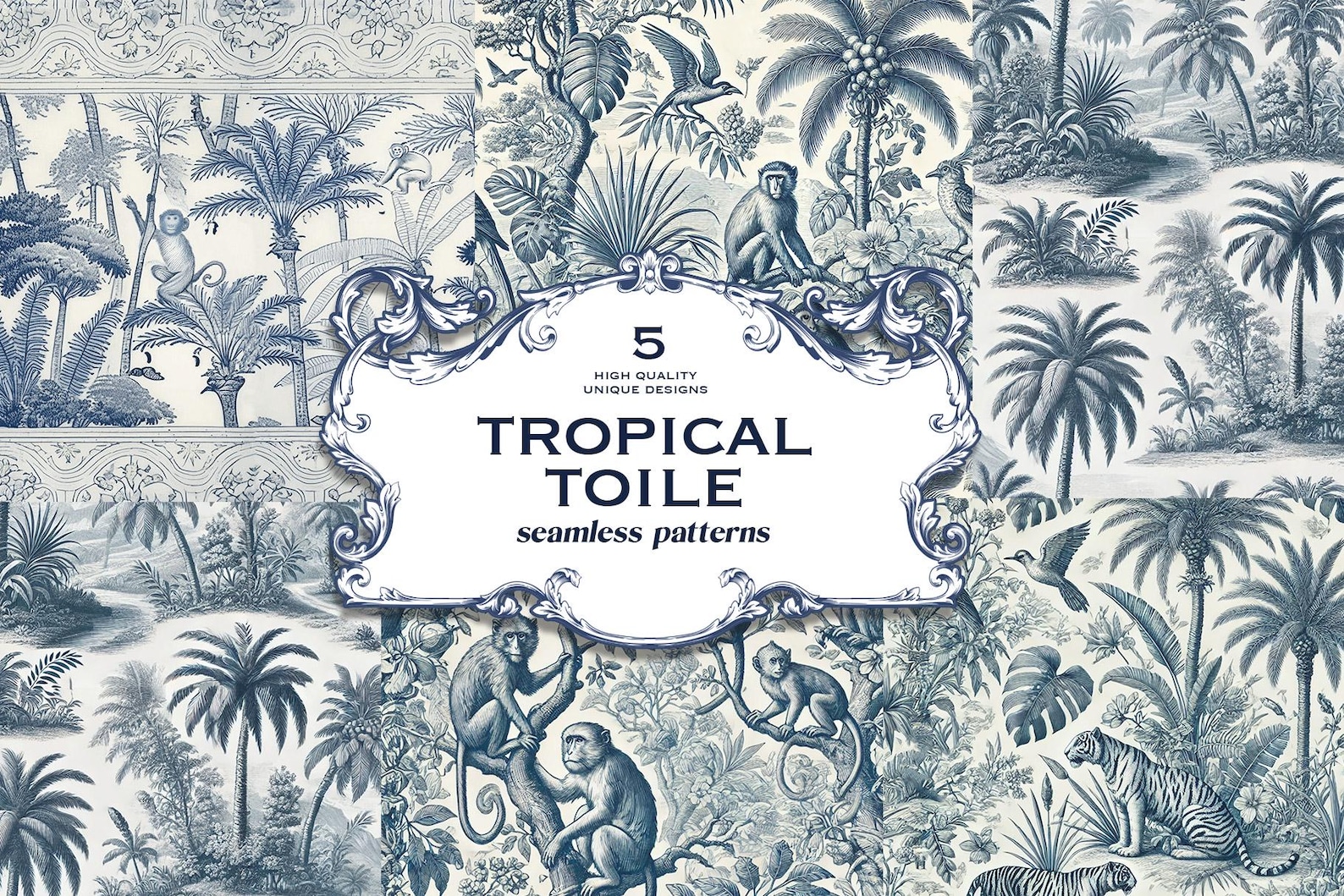 INSTANT DOWNLOAD, 5 French Toile Tropical Seamless Patterns – Vintage ...