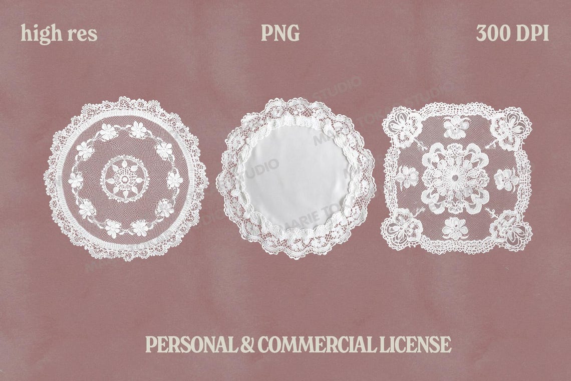 Vintage Antique Lace Doily Clipart Set – 6 Round Handkerchief Pngs for ...