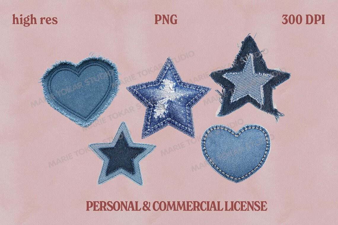 Denim Patches PNG Bundle – 10 Heart, Star, Flower Shaped Blue Jean ...