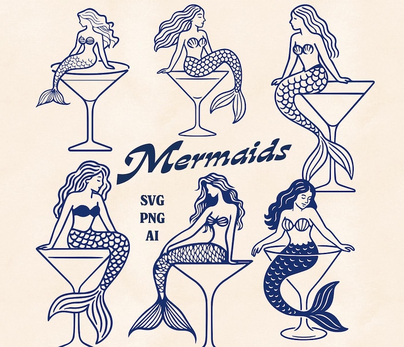 6 Mermaid Clipart in Martini Cocktail Glass PNG SVG & AI Files for ...