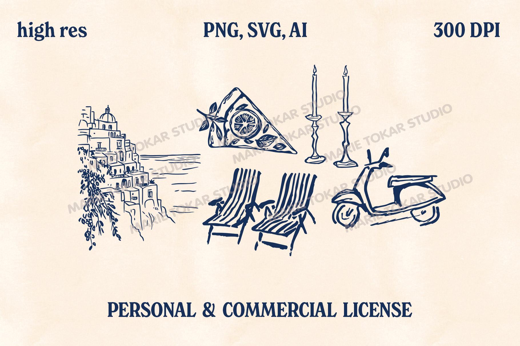 Italian Summer Clipart Set of 10 Line Art Illustrations SVG & PNG ...